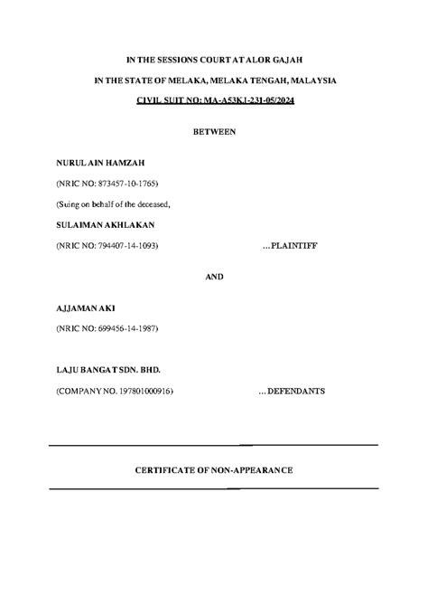 Certificate Of Non Appearance In The State Of Melaka Melaka Tengah