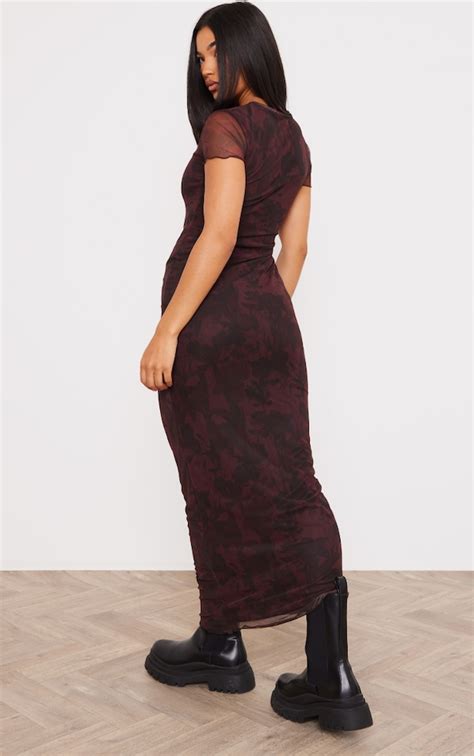 Burgundy Floral Print Mesh Short Sleeve Maxi Dress Dresses
