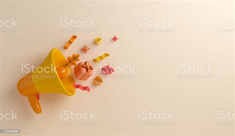 메가폰 오렌지 잎 선물 상자 복사 공간 텍스트 3d 렌더링 일러스트레이션과 가을 장식 배경 3차원 형태에 대한 스톡 사진 및 기타 이미지 Istock