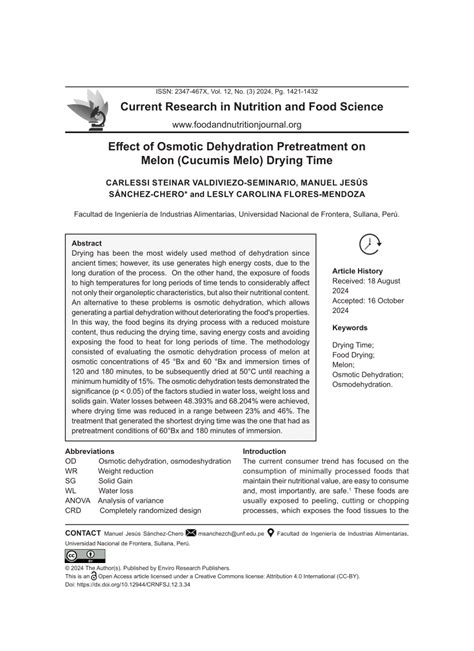 Pdf Effect Of Osmotic Dehydration Pretreatment On Melon Cucumis Melo