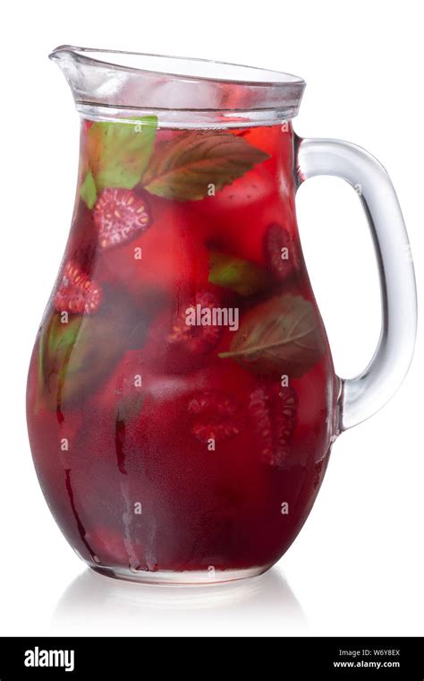Raspberry Basil Iced Drink Or Lemonade In Glass Pitcher Isolated Stock