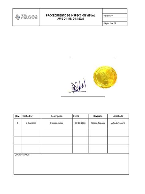 Palcon Vt Pr 001 Rev0 Procedimiento De Inspección Visual Aws D11 Pdf