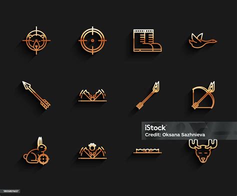 십자선 함정 사냥 곰 무스 머리 뿔 활과 불 화살 및 화염 아이콘으로 토끼에 대한 라인 사냥을 설정합니다 벡터 0명에 대한 스톡