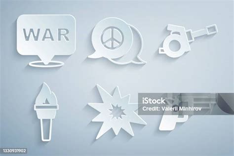 폭탄 폭발 하괴 횃불 불꽃 권총 총 평화와 단어 전쟁 아이콘을 설정합니다 벡터 3차원 형태에 대한 스톡 벡터 아트 및 기타 이미지 3차원 형태 경찰관 군사 Istock
