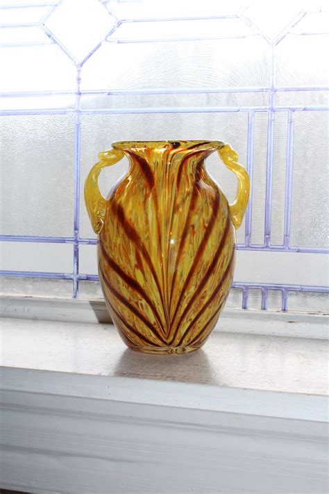 Vintage Murano Glass Vase With Handles Mottled Yellow And Brown Stripes