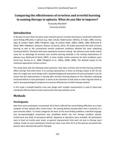 Pdf Comparing The Effectiveness Of Errorless And Errorful Learning In Naming Therapy In