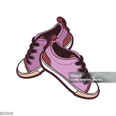 운동 화 단 화 쌍 절연 손으로 그린 벡터 일러스트 레이 션 보라색 신발입니다 로고 포스터 엽서 패션 책자 전단지에 대 한 손으로 그린 스포츠 부츠 벡터 스케치 운동 화