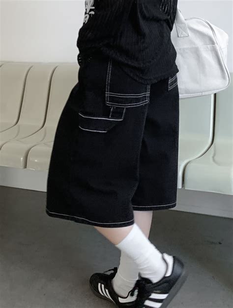 하프닌 토큰 흑청 버뮤다 스티치 배색 포켓 스트랩 Y2k 스트릿 유니크 7부 가을 가을신상 가을팬츠 와이드팬츠 버뮤다팬츠