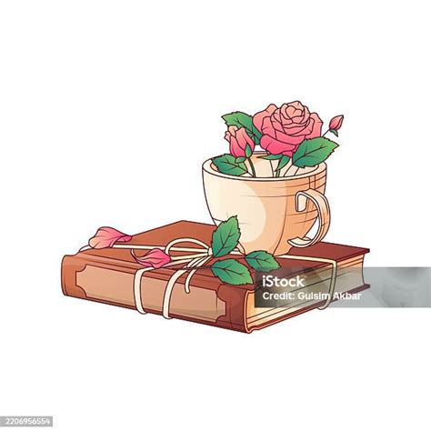 밧줄과 장미 꽃이 있는 컵이 있는 책의 구성 다채로운 벡터 그림입니다 책 애호가 서점 도서관 개념 개념에 대한 스톡 벡터 아트 및 기타 이미지 Istock