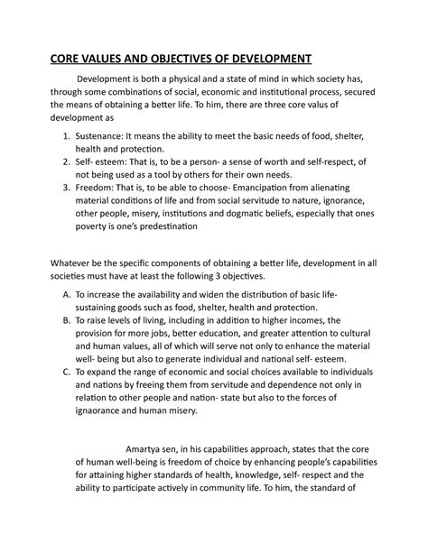 Core Values And Objectives Of Development Core Values And Objectives