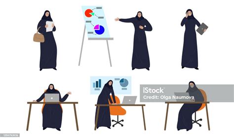 사무실에서 일하는 전통적인 의류에 무슬림 여성의 세트 개념에 대한 스톡 벡터 아트 및 기타 이미지 개념 개체 그룹 다양 Istock