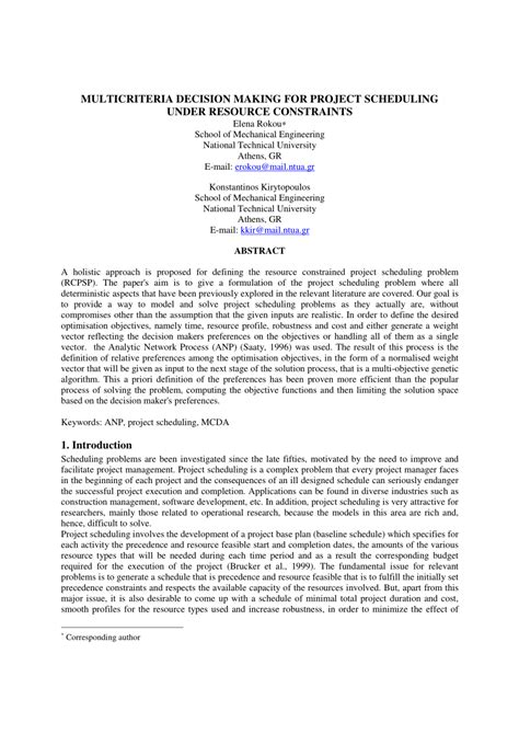 Pdf Multicriteria Decision Making For Project Scheduling Under Resource Constraints