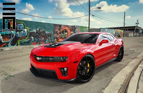Red Chevy Camaro Zl1 On Black Custom Wheels By Exclusive Motoring