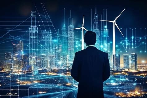 Premium Ai Image Futuristic Engineer Working On Wind Farm On Sunset
