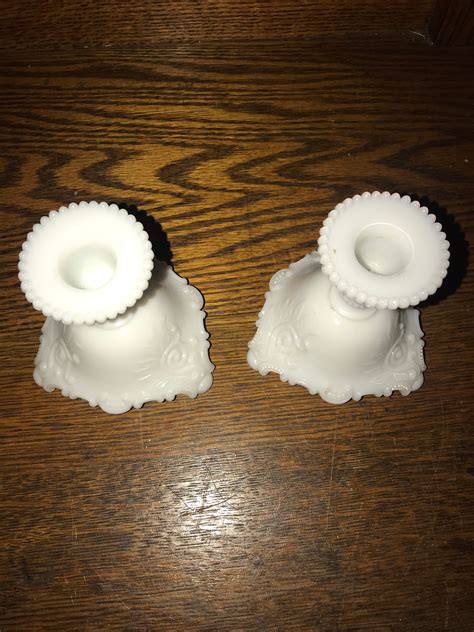 Vintage 1950s Milk Glass Candlestick Holders Set Of Two