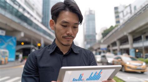 Businessman Checking Graph On Tablet In Urban Setting Premium Ai