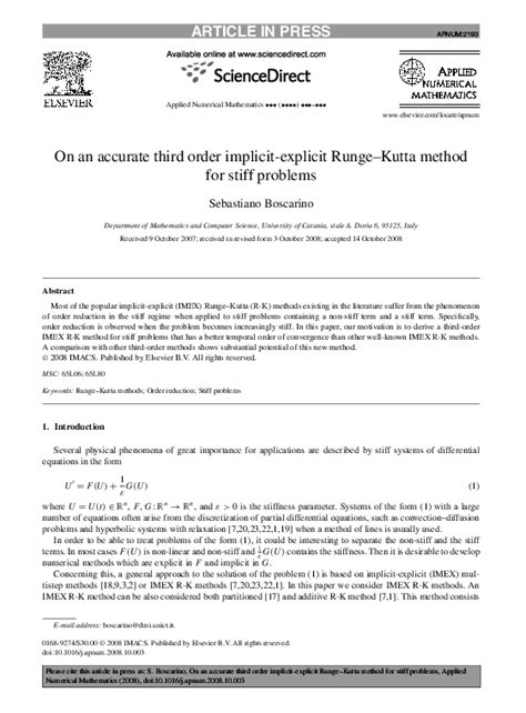 Pdf On An Accurate Third Order Implicit Explicit Rungekutta Method For Stiff Problems