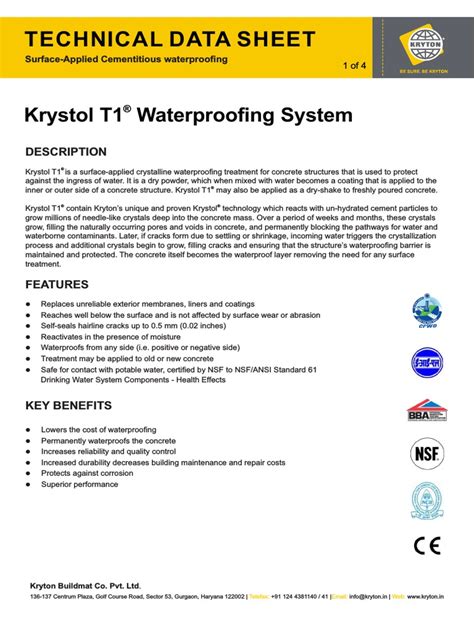 Technical Data Sheet Krystol T1 Waterproofing System Pdf Concrete