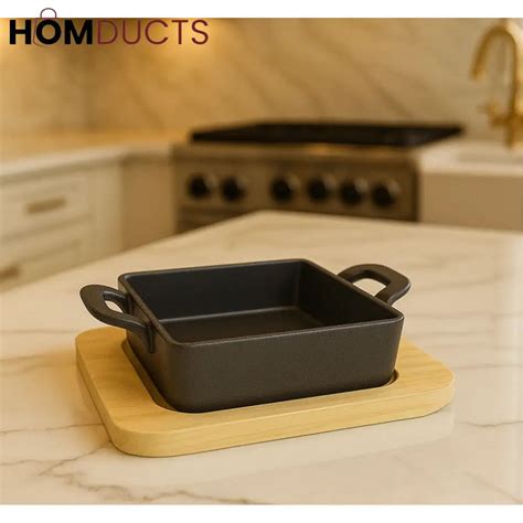 Square Cast Iron Baking Dish With Wooden Base Homducts