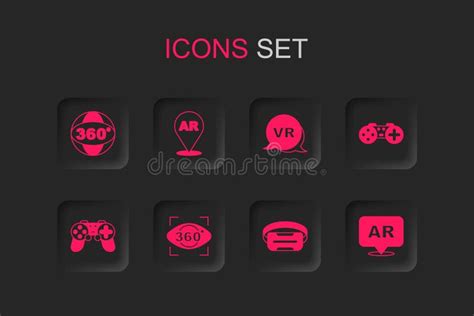 Set 360 Degree View Augmented Reality AR Virtual Glasses Gamepad And Icon Vector Stock