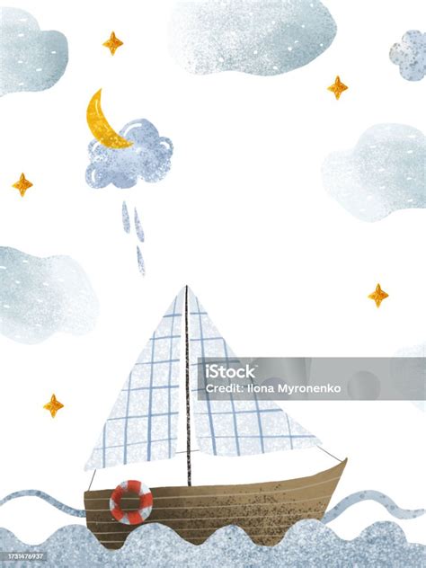 나무 요트와 푸른 파도 위를 항해하는 흰색 체크무늬 범선이 있는 포스터 오세아니아 강 파도와 푸른 물이 있는 바다 풍경 어린이 파티 초대장 수채화 그림 0명에 대한 스톡