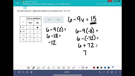 Aleks Identifying Solutions To A Linear Equation In One Variable Two Step Equations Youtube