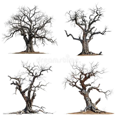 A Collection Of Four Dead Trees With Twisted Branches And Roots Stock Illustration