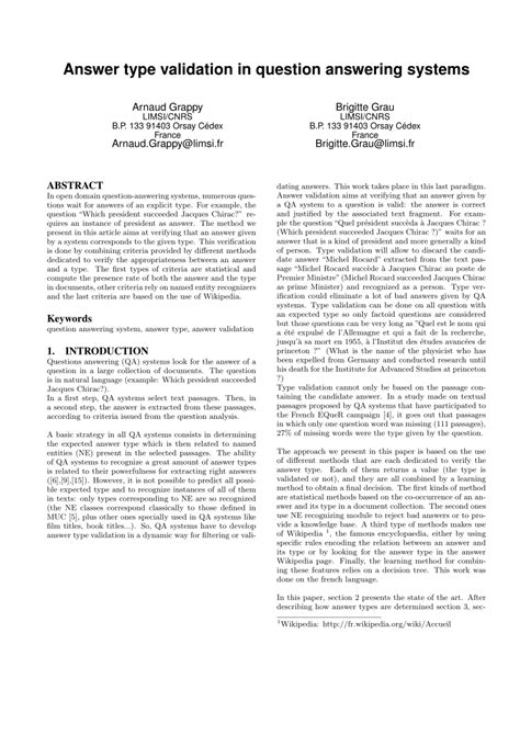Pdf Answer Validation In Question Answering System