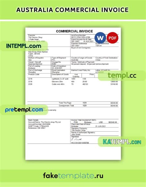 Australia Commercial Invoice Word And Pdf Download Template