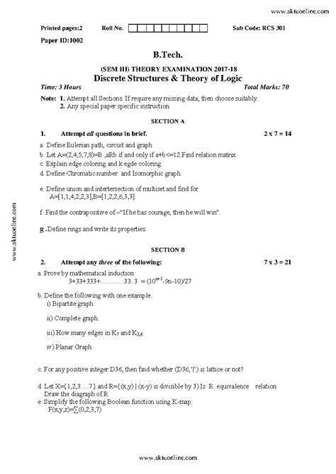 Btech Cs 3 Sem Discrete Structures And Theory Of Logic Ncs301 2018 Printed Pages2 Roll No