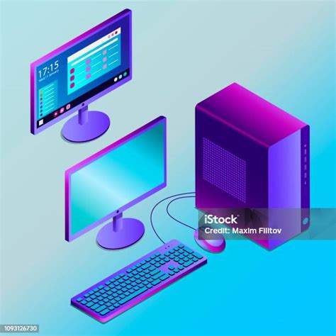 아이소메트리 벡터 일러스트 레이 션에 색된 미래의 데스크탑 Pc 3차원 형태에 대한 스톡 벡터 아트 및 기타 이미지 3차원 형태 개념 검은색 Istock