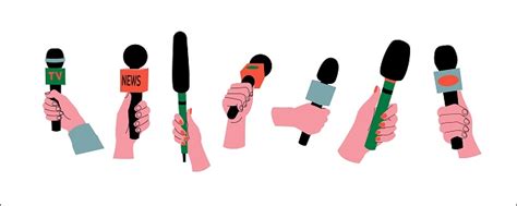 마이크를 잡고 있는 손 라이브 Tv에서 인터뷰를하는 마이크 레코더가있는 매스 미디어 기자 기자 회견 저널리즘 개념 벡터 격리된