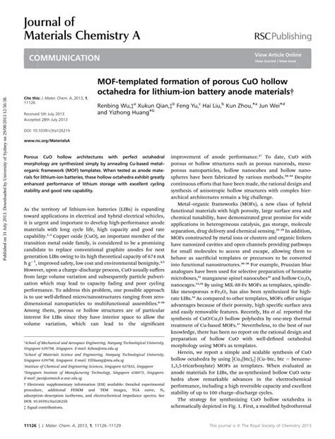 Pdf Mof Templated Formation Of Porous Cuo Hollow Octahedra For Lithium Ion Battery Anode