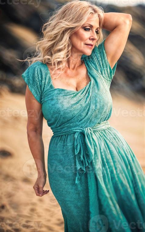 Photo Of White Middle Aged Old Lady American Woman In Dress At The Sand