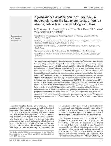 Pdf Aquisalimonas Asiatica Gen Nov Sp Nov A Moderately Halophilic Bacterium Isolated