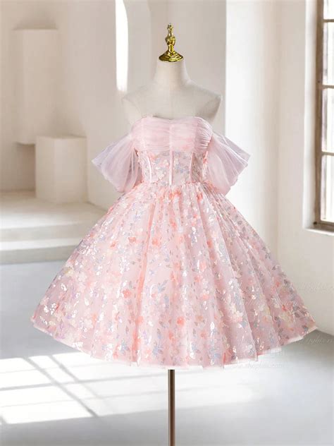 A Line Off Shoulder Tulle Short Pink Prom Dress Pink Homecoming Dress