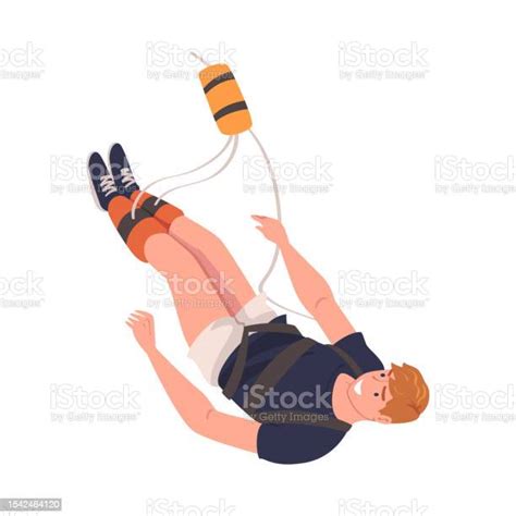 남자 캐릭터와 함께 번지 점프 탄성 코드 벡터 그림에 연결된 큰 높이에서 자유롭게 떨어지는 경외감에 대한 스톡 벡터 아트 및