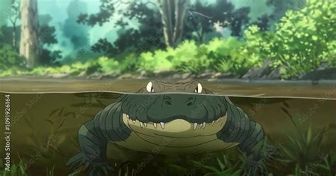 Anime Animation Featuring An Alligator Floating In Swamp Perfect For Segue Transition Stock
