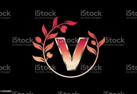 Initial Letter V Sign Symbol With Olive Branch Wreath Round Floral Initial Letter V Sign Symbol With Olive Branch Wreath Round Floral