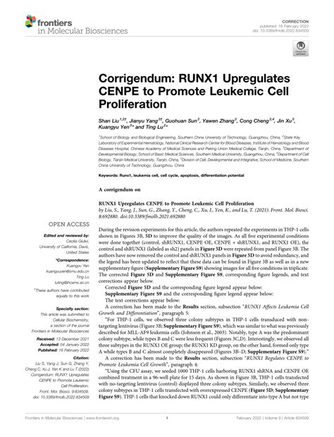 Pdf Corrigendum Runx1 Upregulates Cenpe To Promote Leukemic Cell Proliferation