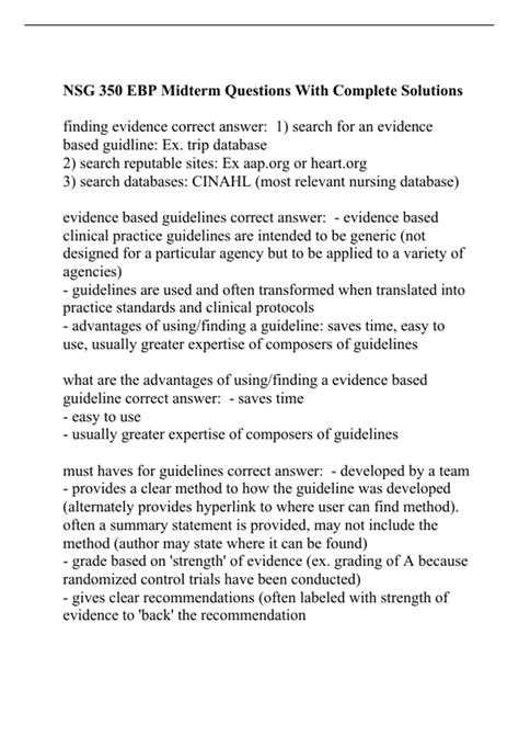 NSG 350 EBP Midterm Questions With Complete Solutions NSG 350 Stuvia US