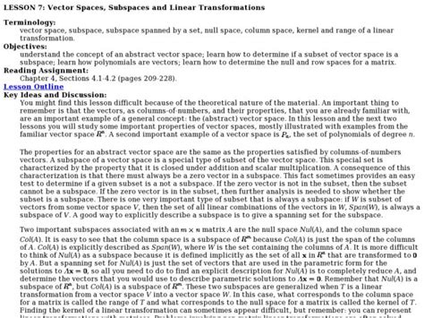 lesson 7 vector spaces subspaces and linear transformations lesson