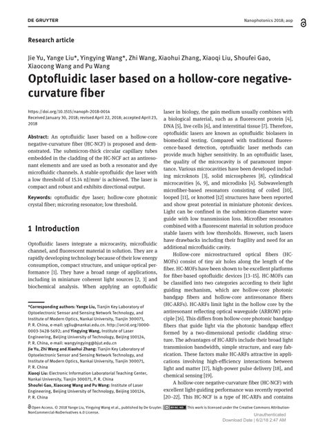 Pdf Optofluidic Laser Based On A Hollow Core Negative Curvature Fiber