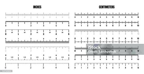 길이 또는 높이를 측정하기위한 사실적인 검은 센티미터와 인치 스케일 분할이 있는 다양한 측정 스케일 눈금자 테이프 측정 표시 크기 표시기 벡터 일러스트 레이 션 0명에 대한