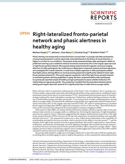Pdf Right Lateralized Fronto Parietal Network And Phasic Alertness In Healthy Aging