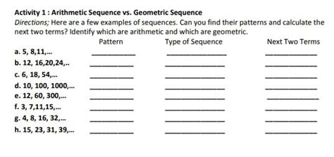 Activity 1 Arithmetic Sequence Vs Geometric Sequence Directions