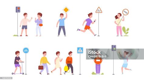 아동 교통 교육 학교 아이들을 위한 도로 안전 규칙 거리 방향 및 신호등 교통 보안 횡단보도 표지판 위험 정지 화려한 벡터