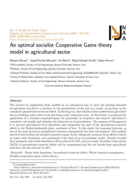 Pdf An Optimal Socialist Cooperative Game Theory Model In