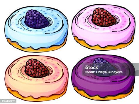 흰색 배경에 격리된 도넛 다른 색상과 베리 세트 벡터 그림입니다 인사말 카드 엽서 인쇄 패션 디자인 메뉴에 대 한 템플릿입니다 개념에 대한 스톡 벡터 아트 및 기타 이미지