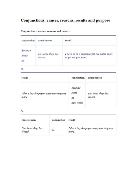 Conjunctions Cause Reason Result Purpose Pdf